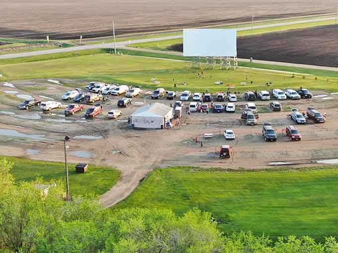 From above, Sky-Vu Drive In looks like a constellation of vehicles orbiting their own personal movie galaxy.