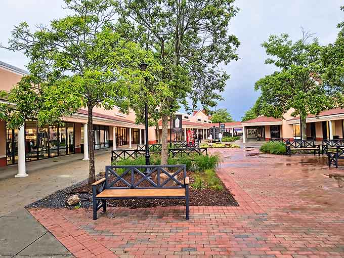 Rain or shine, these tree-lined walkways and charming benches make bargain hunting feel like a peaceful stroll.