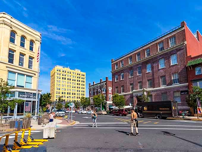 Downtown streets where colorful buildings tell stories and pedestrians stroll like they've got all day to discover something wonderful.