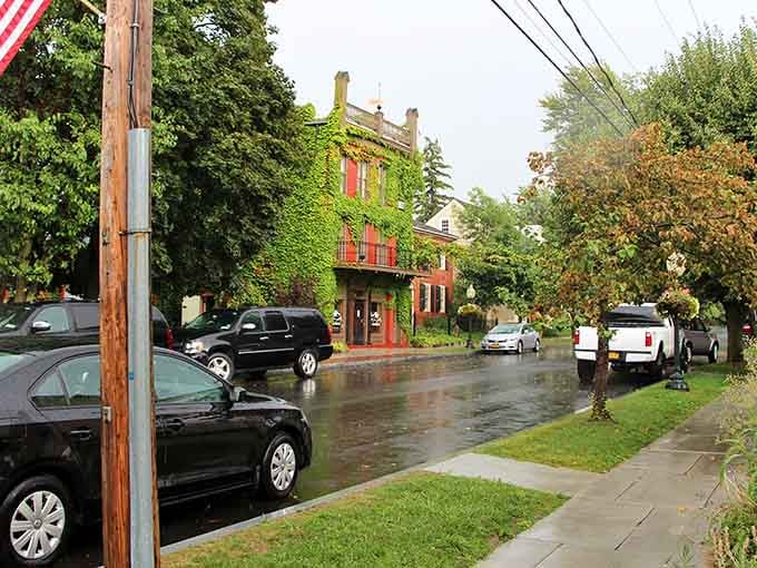 Even on rainy days, Sackets Harbor's historic architecture shines through, proving that good bones never go out of style.