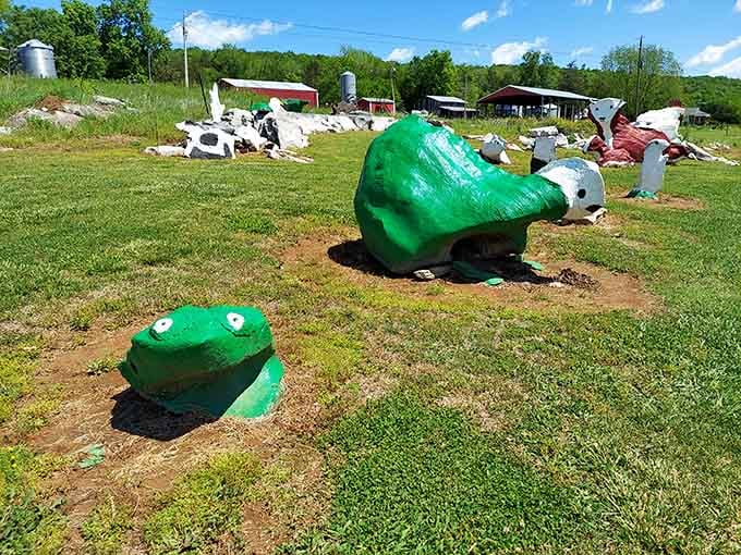 Bright green frogs and turtles frozen mid-hop, bringing whimsical charm to this unforgettable roadside menagerie.