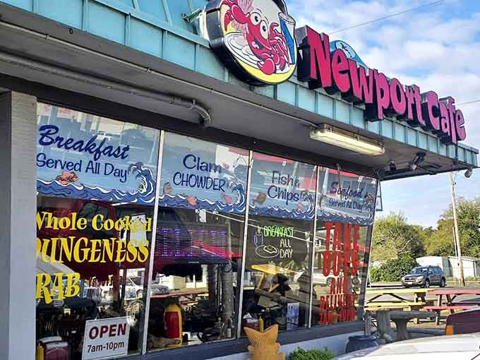 That turquoise metal roof and those bold neon signs aren't just decoration, they're a promise of serious comfort food ahead.