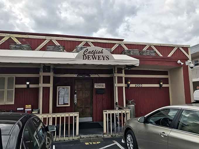 Catfish Deweys' maroon exterior promises serious seafood inside, where elastic waistbands become your best friend.