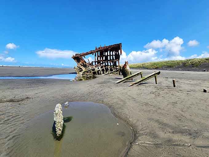 The Peter Iredale's skeletal remains create haunting reflections in tidal pools, nature's own mirror of maritime history.
