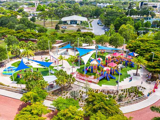 From above, the circus-themed playground looks like someone spilled a box of crayons and created pure magic.