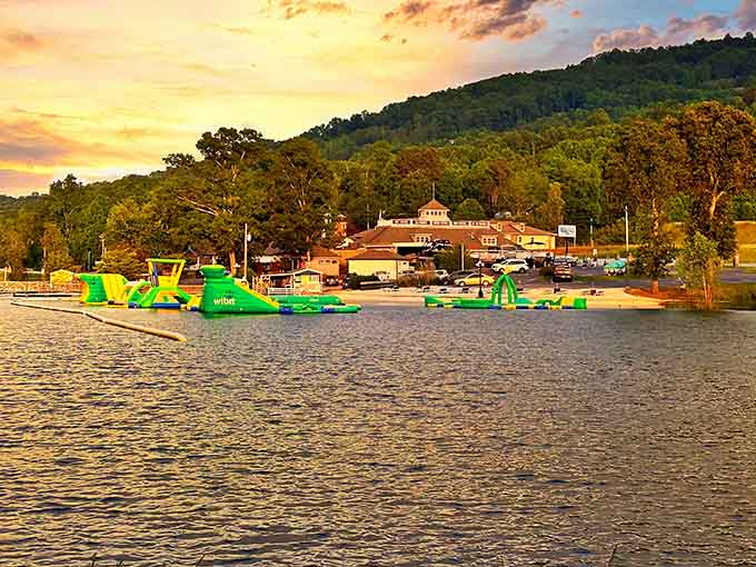Golden hour at Lake Chatuge transforms this floating playground into something straight out of a vacation dream.