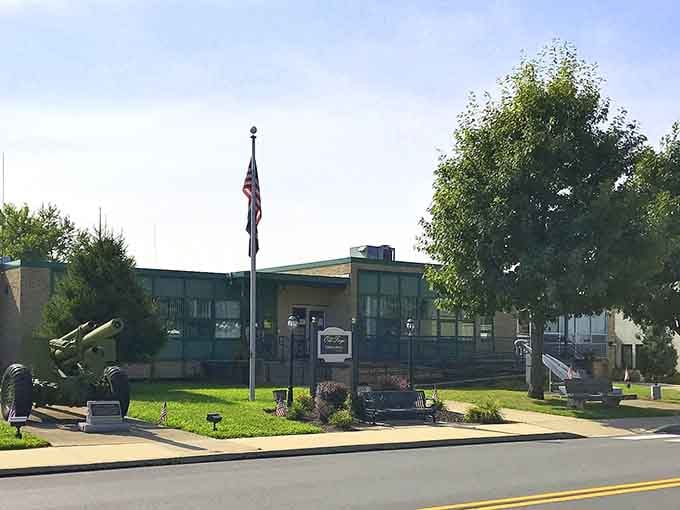 The Veterans Memorial stands proud in a town where patriotism and pizza passion run equally deep.