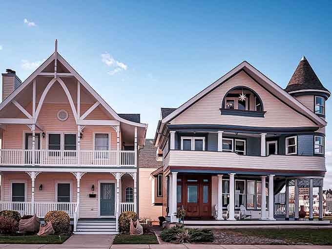 Side-by-side Victorian stunners reminding us that good neighbors don't need fences, just equally fabulous paint jobs and porches.