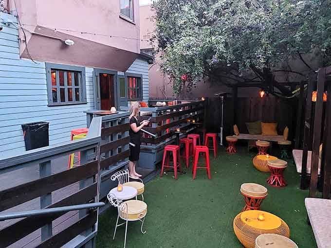 As dusk settles in, this backyard transforms into the grooviest time machine you'll find without a DeLorean.