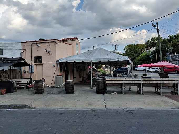 This humble setup proves that great barbecue doesn't need fancy architecture, just serious smoking skills and hungry customers.