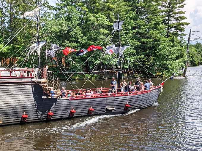 Nothing says "summer adventure" quite like a genuine pirate ship loaded with happy passengers cruising pristine lake waters.