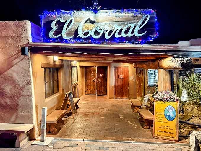Blue lights framing that iconic sign make this place glow like the steakhouse equivalent of Studio 54, minus the disco.