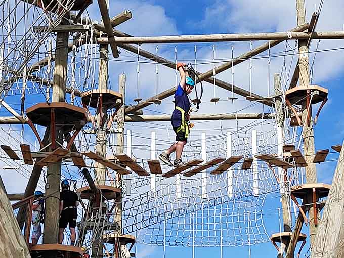 Balancing on wooden beams high above the ground, where grace meets terror and your life insurance suddenly seems inadequate.