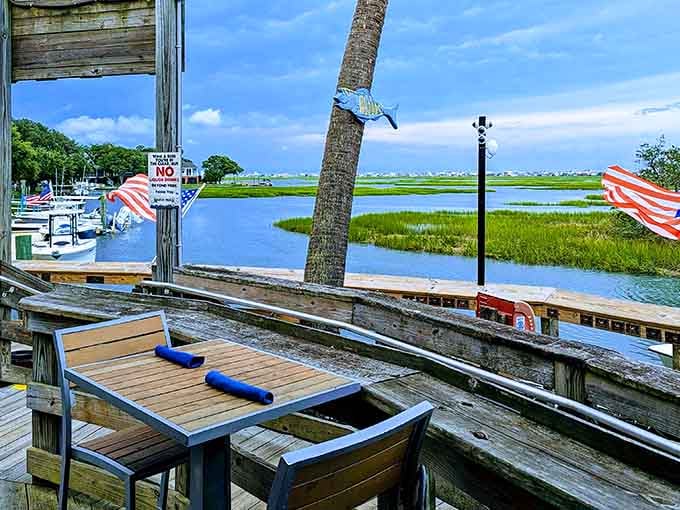 Tables with a view like this make you wonder why anyone eats indoors when marsh magic awaits.
