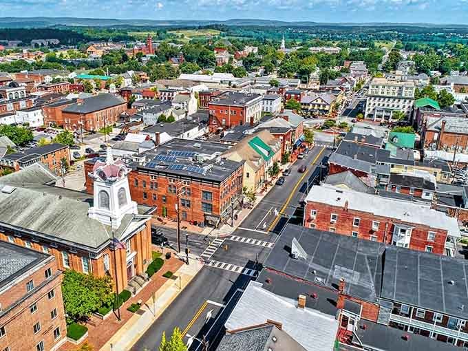 From above, Gettysburg unfolds like a living history book with brick buildings and church steeples dotting the landscape.