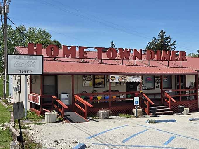 That bold red signage isn't whispering, it's announcing breakfast paradise has arrived in Hermitage, Missouri.