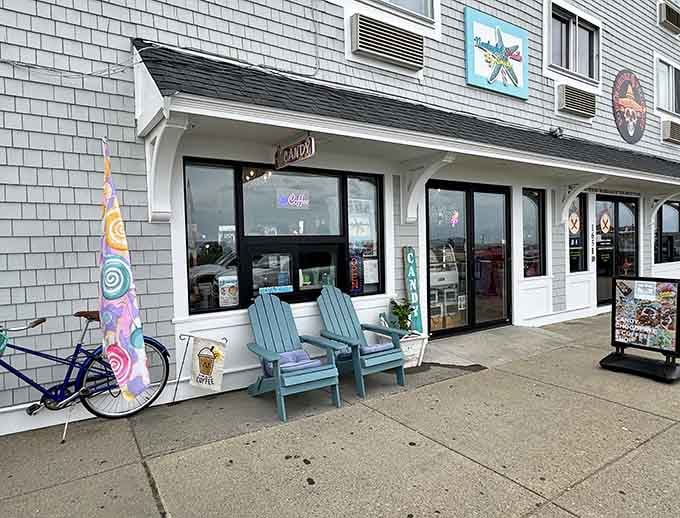 The whimsical storefront complete with Adirondack chairs invites you to sit, relax, and contemplate your candy strategy.