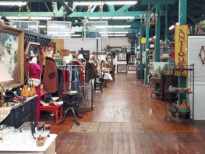 Those exposed beams and wooden floors set the stage for a vintage wonderland where every aisle holds surprises.