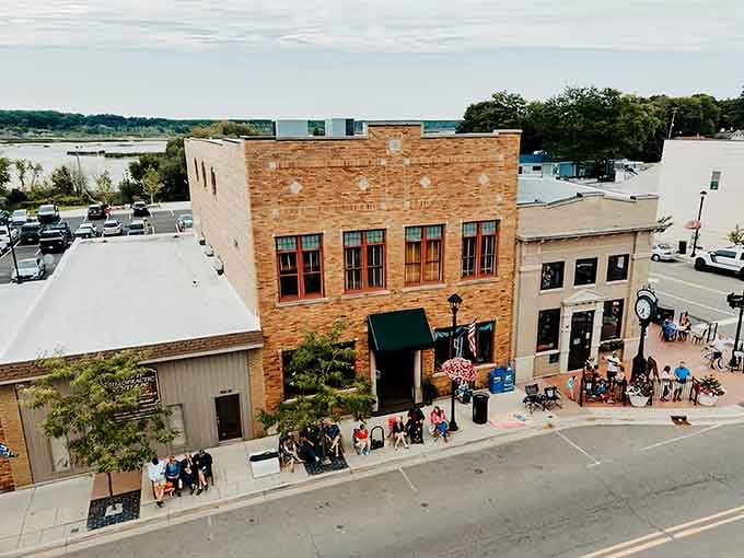 Downtown Whitehall from above reveals classic brick buildings, bustling sidewalks, and that rare walkable charm worth celebrating.