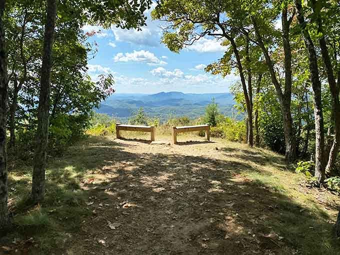 Those two benches framing endless mountain views? That's your reward for choosing adventure over another Netflix marathon.