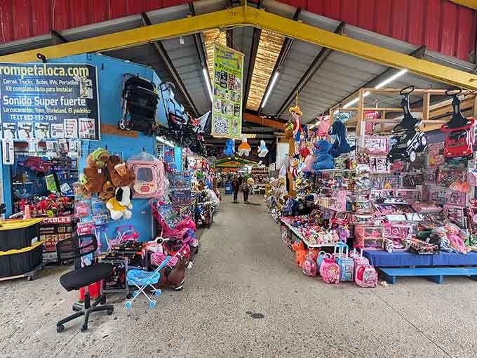 This colorful wonderland of toys and treasures stretches endlessly under a cheerful yellow roof that promises adventure.