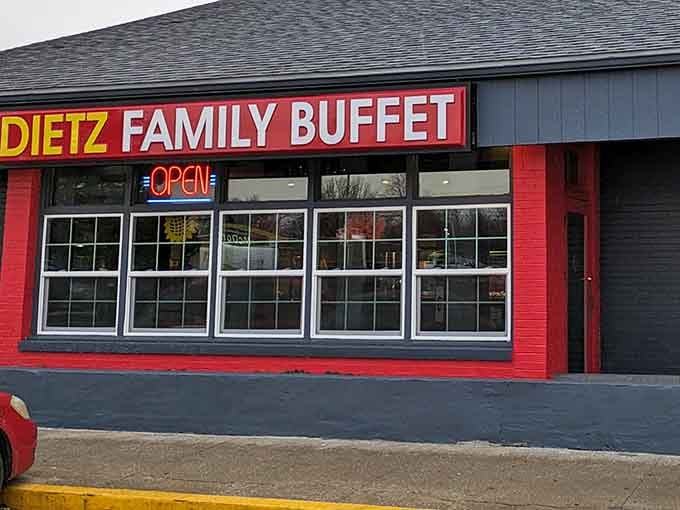 That bold red exterior isn't shy about announcing what's inside: serious comfort food awaits.