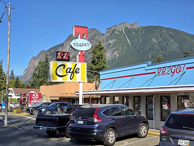 That vintage signage against the Cascade Mountains isn't just photogenic&mdash;it's practically begging you to pull over for breakfast.