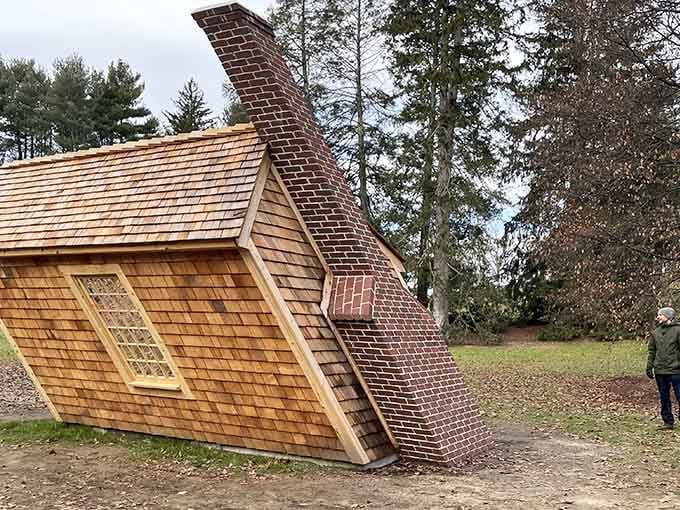 This whimsical tilted house looks like it escaped from a Dr. Seuss book and settled in Massachusetts.