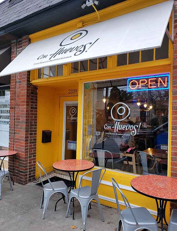Bright yellow charm and a glowing &ldquo;open&rdquo; sign&mdash;this cozy spot promises comfort, coffee, and seriously good pancakes.