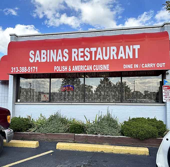 That bold red canopy announces Polish and American cuisine like a delicious billboard you can actually walk into and eat.