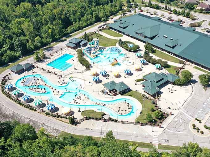 From above, this aquatic wonderland looks like someone airlifted a tropical resort and dropped it in Indiana.