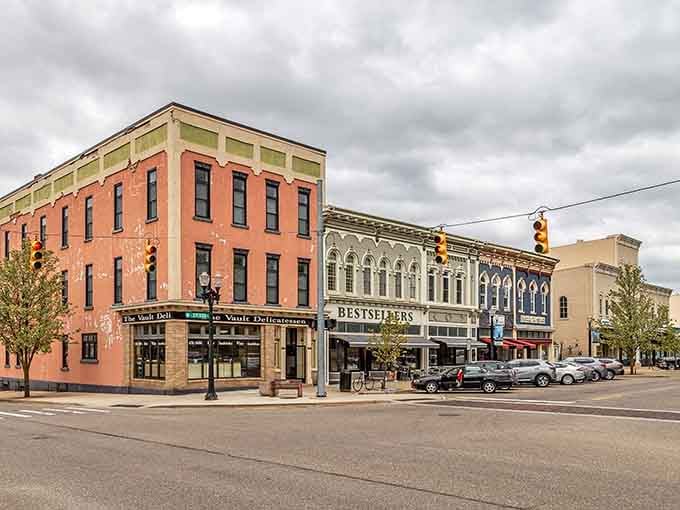Mason's downtown looks like someone colorized a vintage postcard and forgot to tell the buildings they're allowed to age.