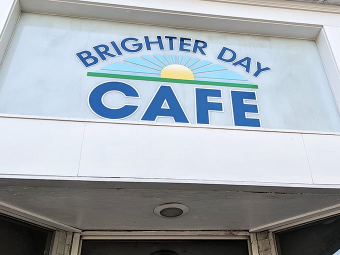 The bright blue exterior and sun-shaped sign are your first clue something special awaits inside.
