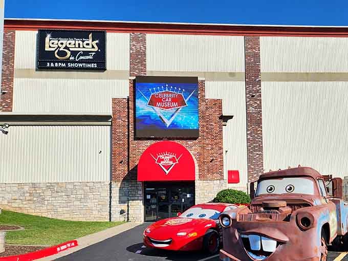 Lightning McQueen and Mater greet visitors outside, proving animated stars know how to make an entrance.