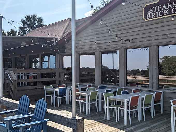 String lights and waterfront tables create that magical combination where time slows down and second helpings seem mandatory.
