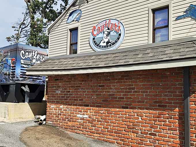 That circular crab logo on the building isn't just decoration, it's a promise of what awaits inside those weathered walls.