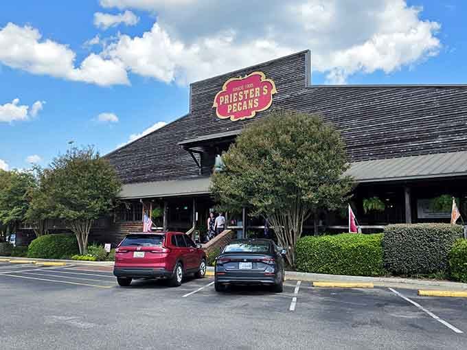 That iconic red sign isn't just marking a store—it's announcing your arrival at pecan paradise.