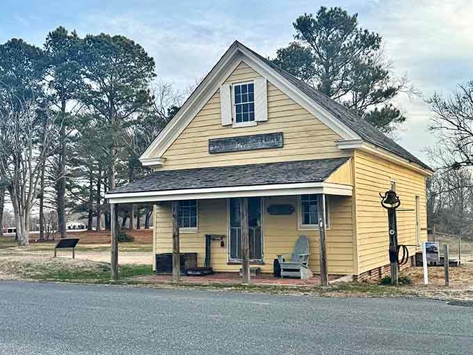The cheerful yellow exterior belies the profound history that unfolded within these walls back in 1835.