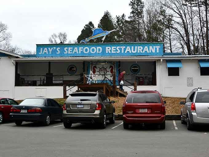 That full parking lot and nautical decor tell you everything: serious seafood happens here, miles from any coastline.