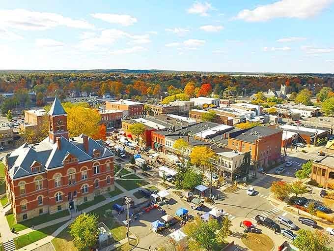 Aerial shot of tree-lined streets and historic buildings create the perfect backdrop for an afternoon stroll that beats scrolling through your phone.