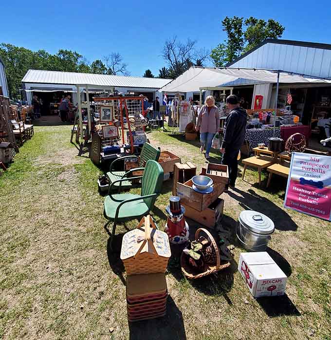 Vintage furniture sprawls across the grass like a living room exploded in the best possible way.