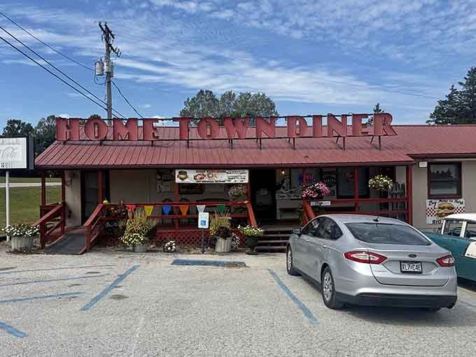 That bold red signage isn't whispering, it's announcing breakfast paradise has arrived in Hermitage, Missouri.