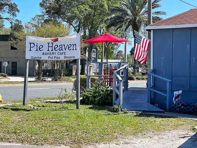 The red umbrellas and American flag signal patriotic pie perfection in this Atlantic Beach treasure.