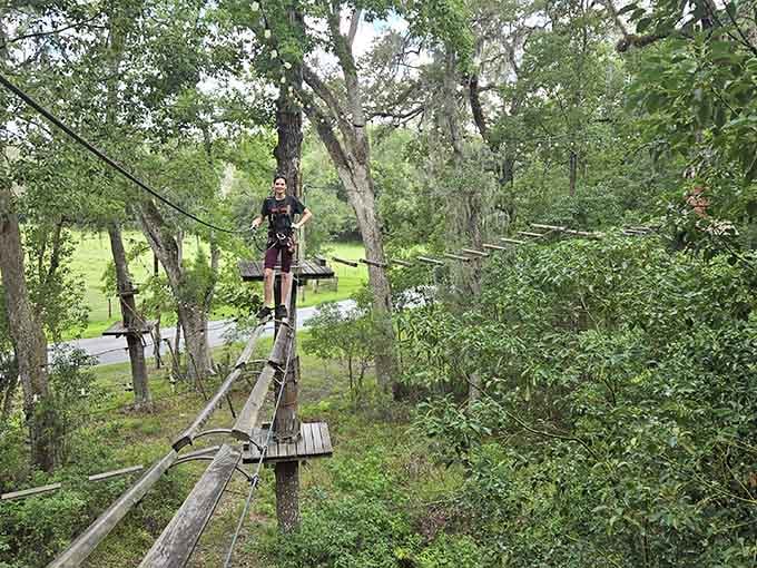 Suspended between earth and sky, this adventurer discovers that courage looks a lot like wobbling on wooden planks.
