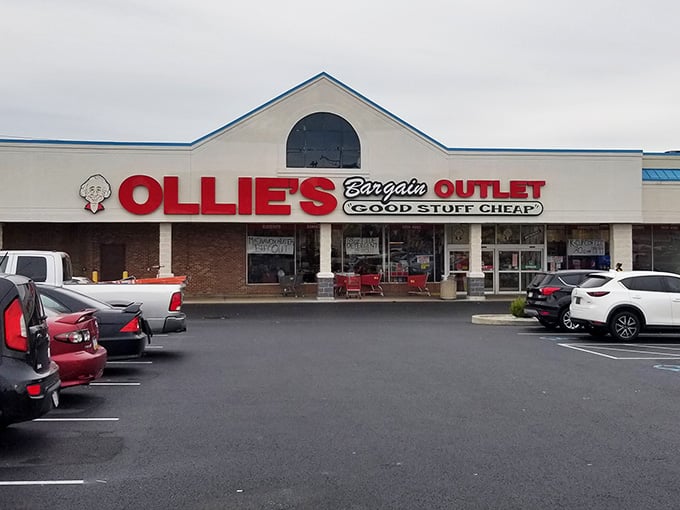 That cheerful cartoon mascot and bold red lettering practically scream "good stuff cheap" before you even walk through the doors.
