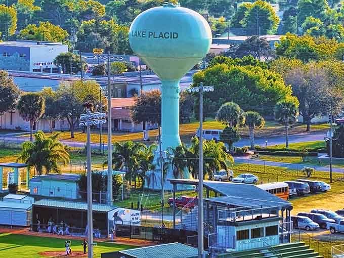 That turquoise water tower isn't just functional, it's practically Lake Placid's way of waving hello to visitors.