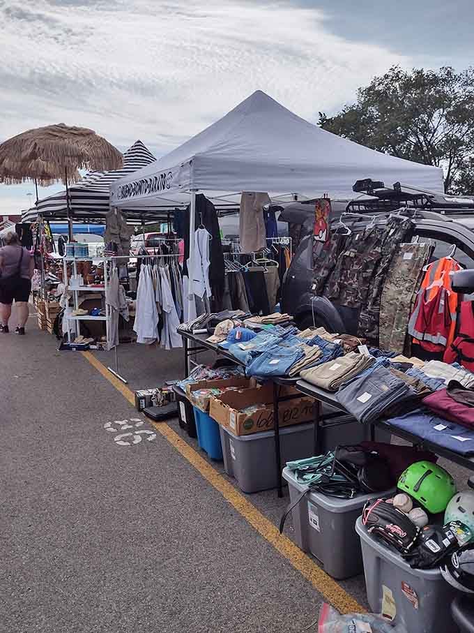 The outdoor vendor section offers everything from clothing to accessories, all spread out under tents for your browsing pleasure and bargain-hunting enjoyment.