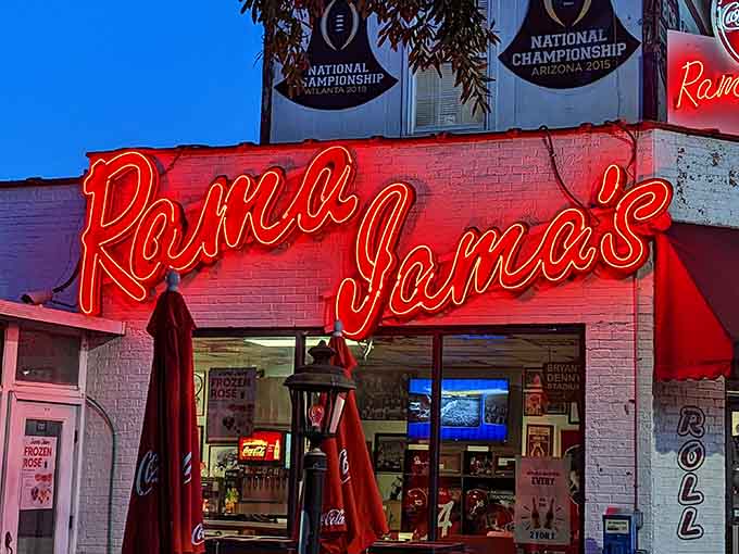 The crimson and white exterior isn&rsquo;t just school spirit&mdash;it&rsquo;s a glowing neon beacon calling hungry fans home to breakfast glory.