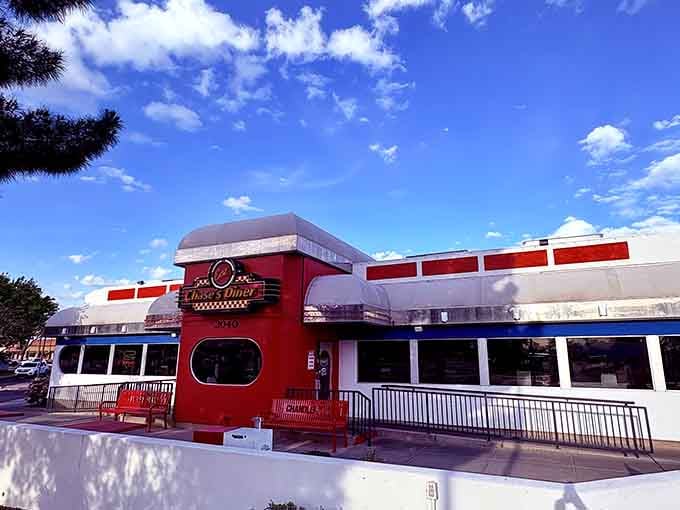 That gleaming red and white exterior isn't just architecture, it's a promise of milkshakes and happiness ahead.