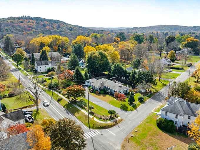 Woodbury from above looks like a New England postcard decided to show off during peak foliage season.